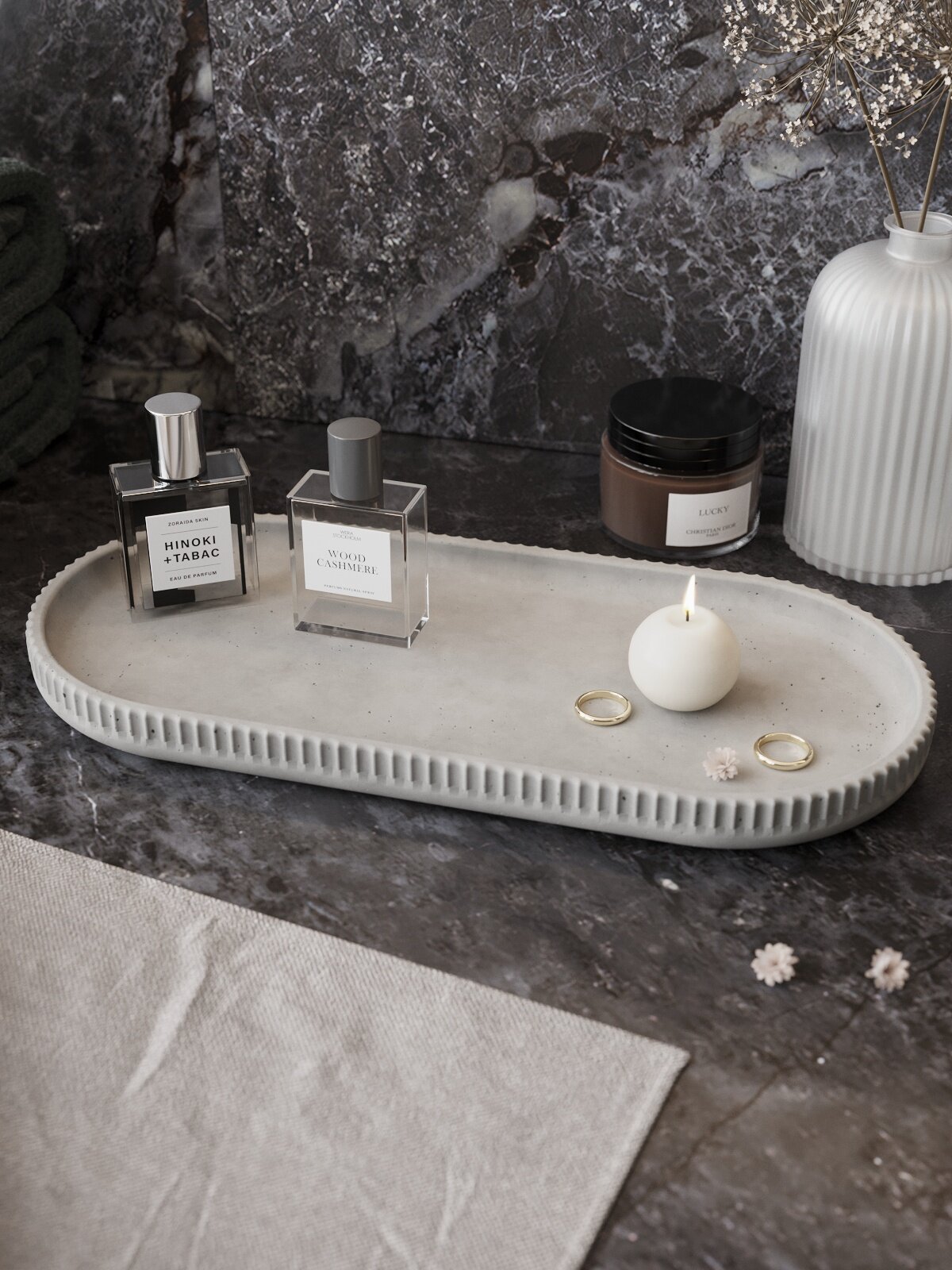 Декоративный поднос, подставка в ванную, органайзер для косметики и мелочей Chloe XL, 36x16,5 см, бетон, серый матовый