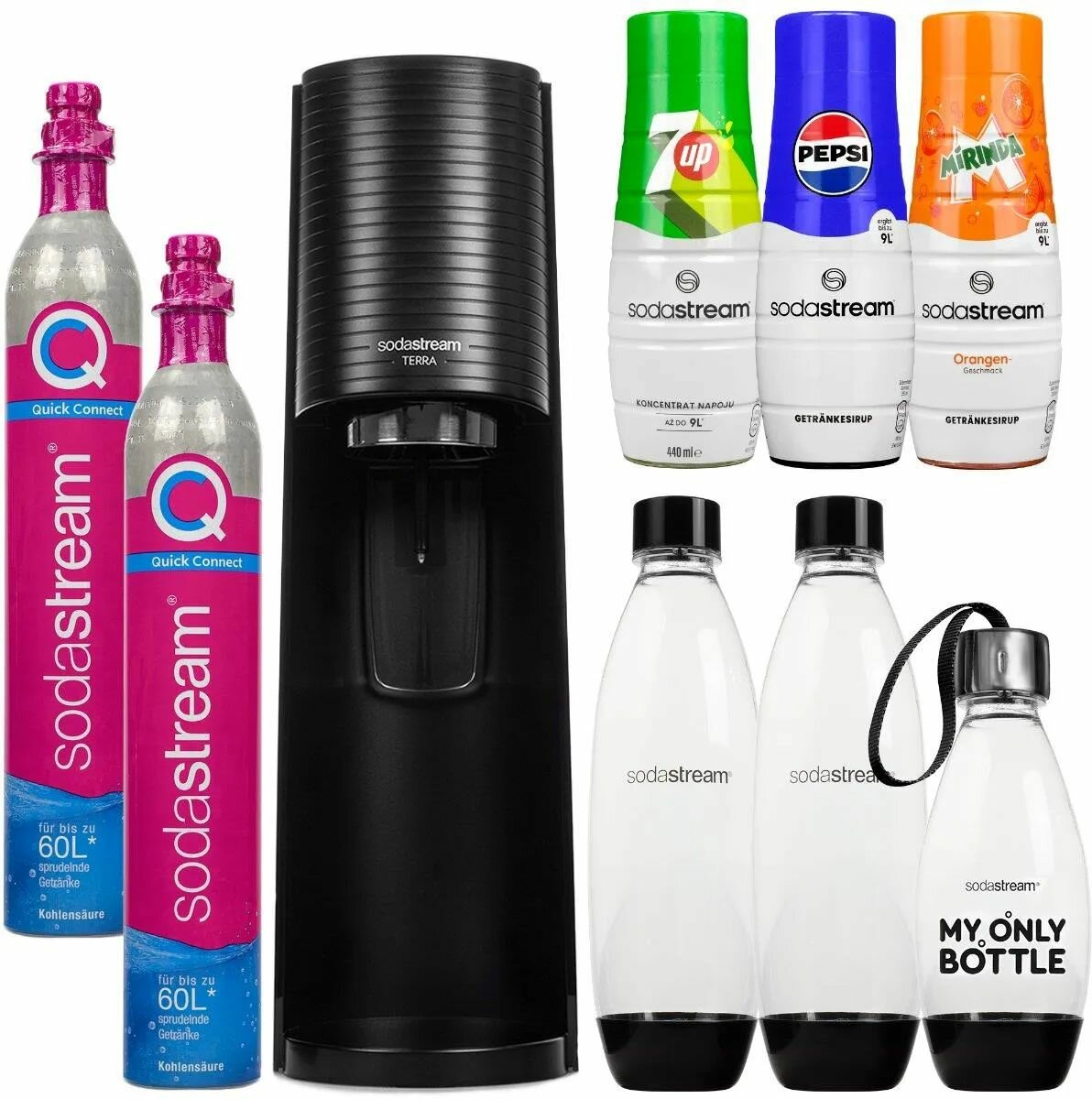 Комплект: Сифон Sodastream Terra черный + 3 бутылки сиропа