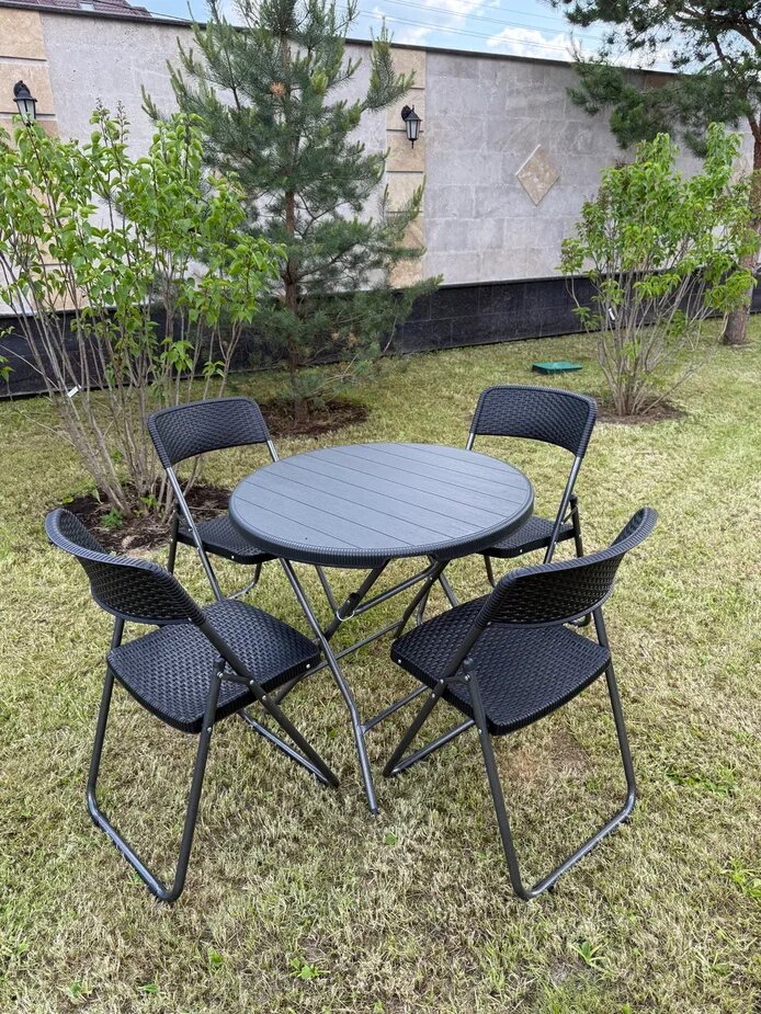 Барный круглый складной пластиковый стол для сада Full Comfort - BEAR-7 плетение под ротанг, цвет черный