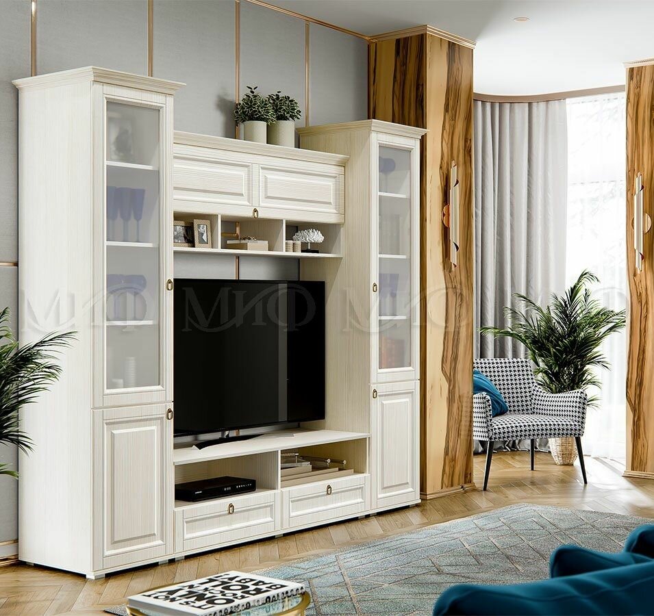 Гостиная Престиж 1 Вариант №2 (стекло) (Сандал светлый, сандал светлый) (Миф)