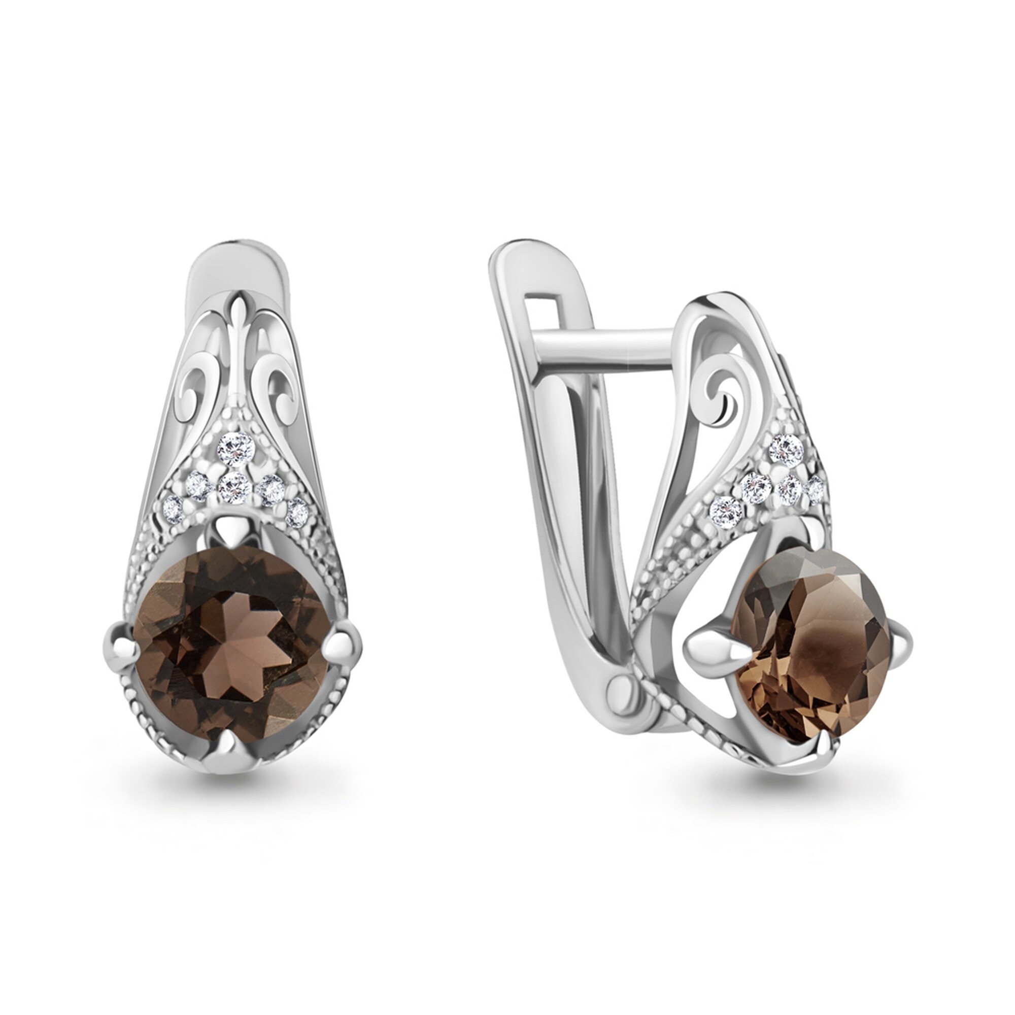 Серьги, серебро, 925 проба, родирование, раухтопаз, фианит