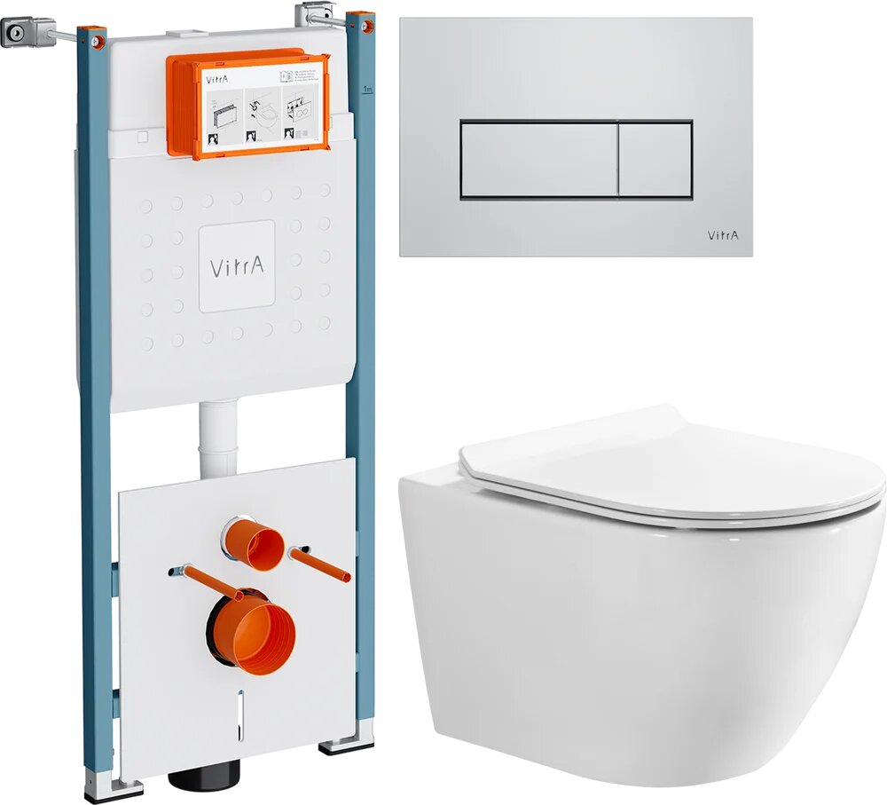 Комплект 3 в 1 Унитаз подвесной BOND Oval F12-10 / Инсталляция VitrA V-Fix Core 732-5800-01PV / Кнопка Root Square 740-2380 цвет хром