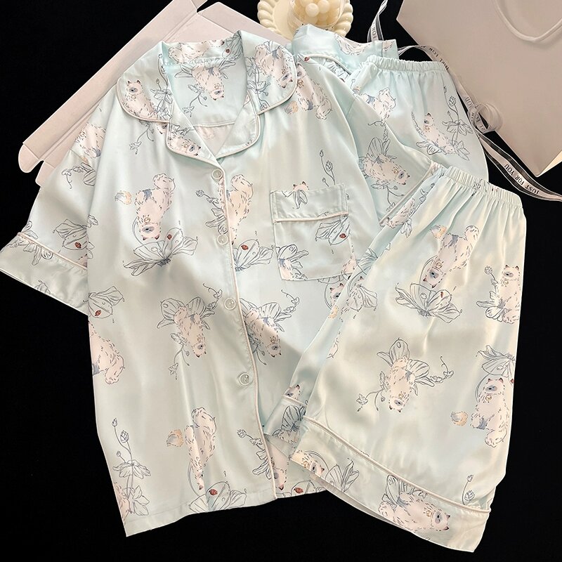 Пижама с короткими рукавами из розового милого шелка Hello Kitty для девочек, женская летняя одежда для отдыха, которую можно носить на улице, дома, летняя тонкая одежда