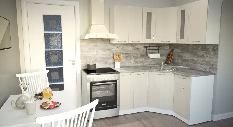 Кухонный гарнитур Герда Лариса оптима 2 1500*1300 мм, каркас ЛДСП, фасад ЛДСП; Стекло, Белый/Латте