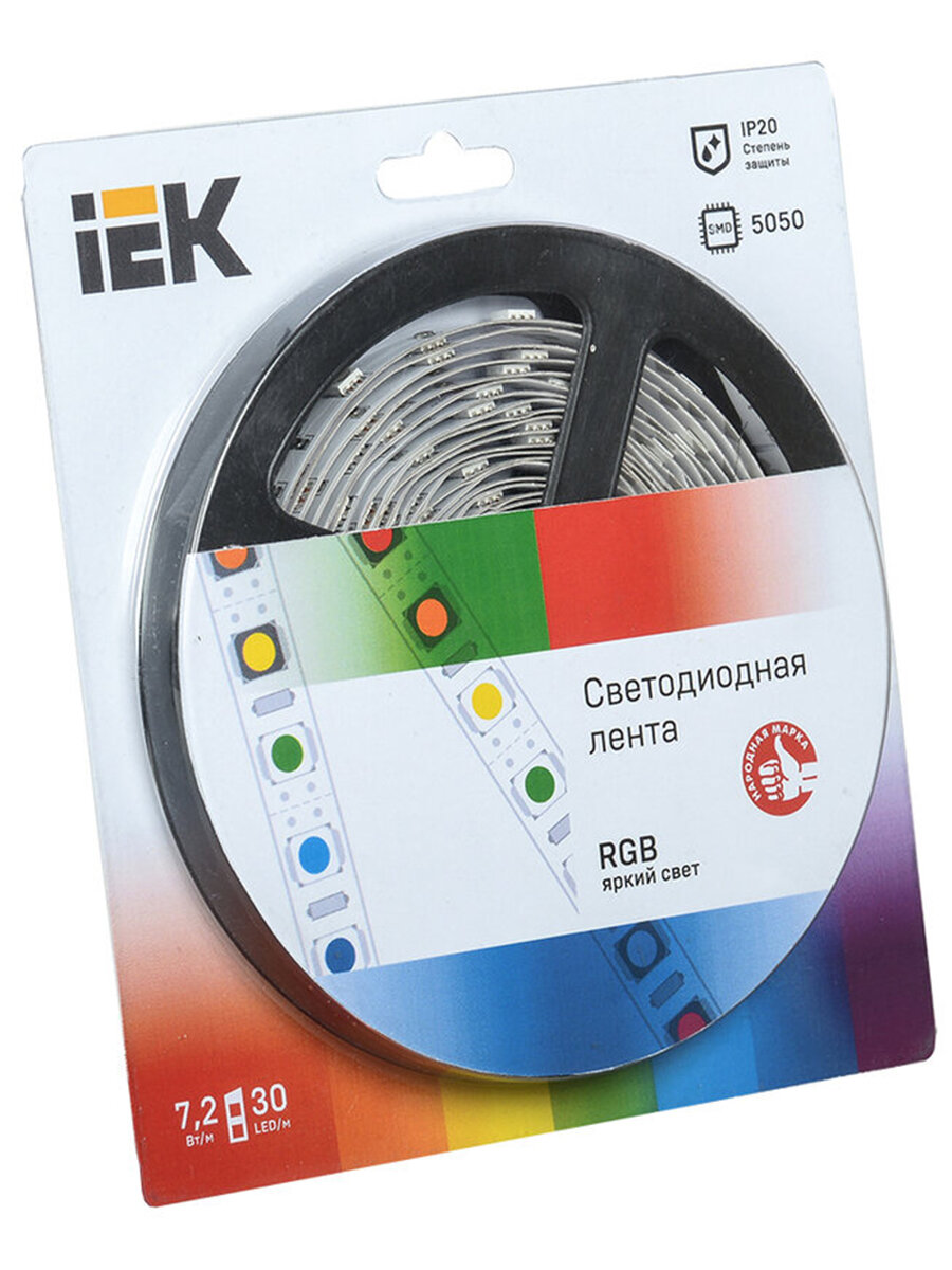 Лента светодиодная IEK RGB, 7,2 Вт/м,12V, IP20, 30 диодов/м, 5 метров, разноцветное свечение