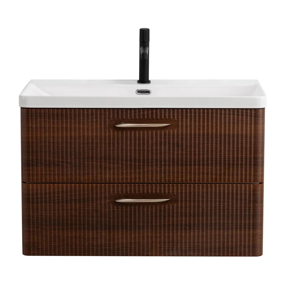 Тумба с раковиной BelBagno Due 80 подвесная, 81 см, темное дерево, матовая, из МДФ, с ящиками, раковина для ванной фаянсовая, прямоугольная