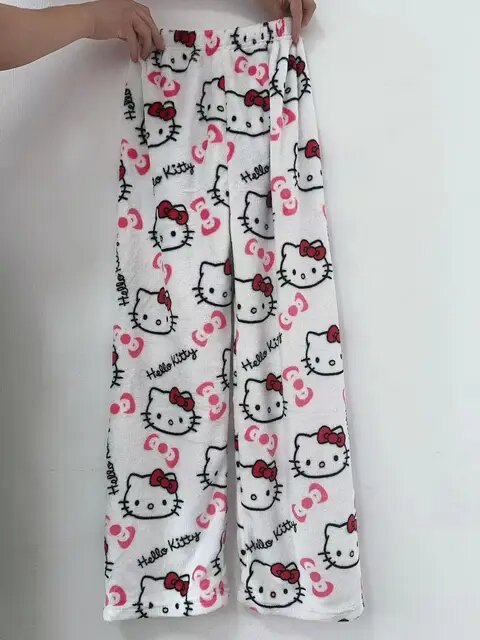 Пижама Sanrio Hello Kitty Y2k Kawaii из фланели, женские теплые шерстяные повседневные домашние брюки с рисунком из мультфильмов, модные брюки на осень и зиму, Height: As Picture