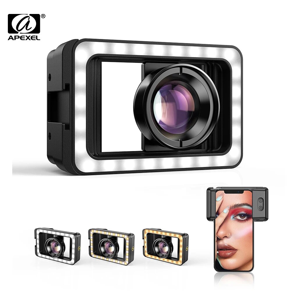Макрообъектив APEXEL 100 мм со светодиодной заполняющей подсветкой, макрообъектив камеры телефона HD для iPhone 16/15/14 Pro Max и других смартфонов