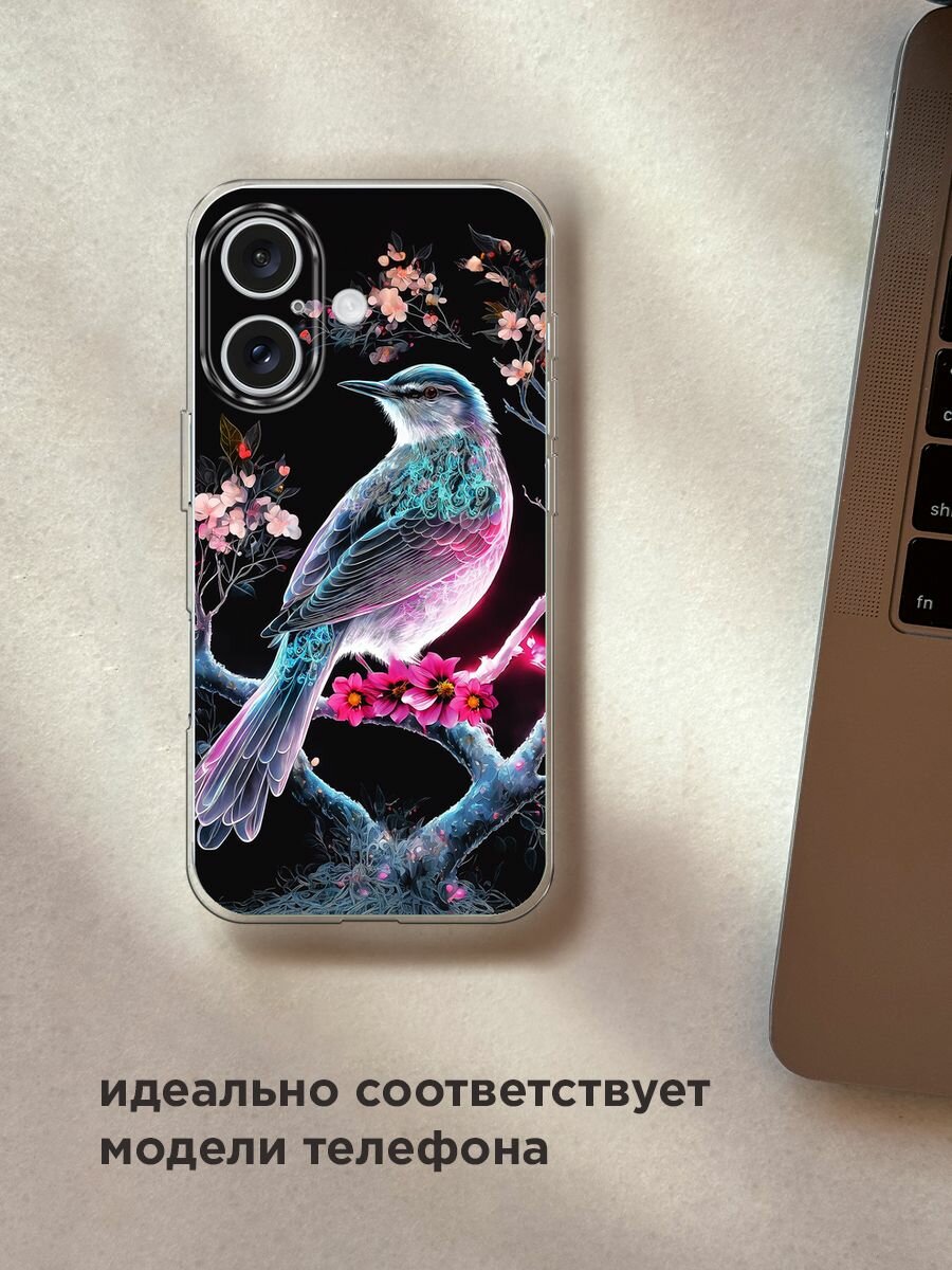 Чехол на Apple iPhone 16 / Айфон 16 с принтом "Птица на цветущем дереве" — фото 1