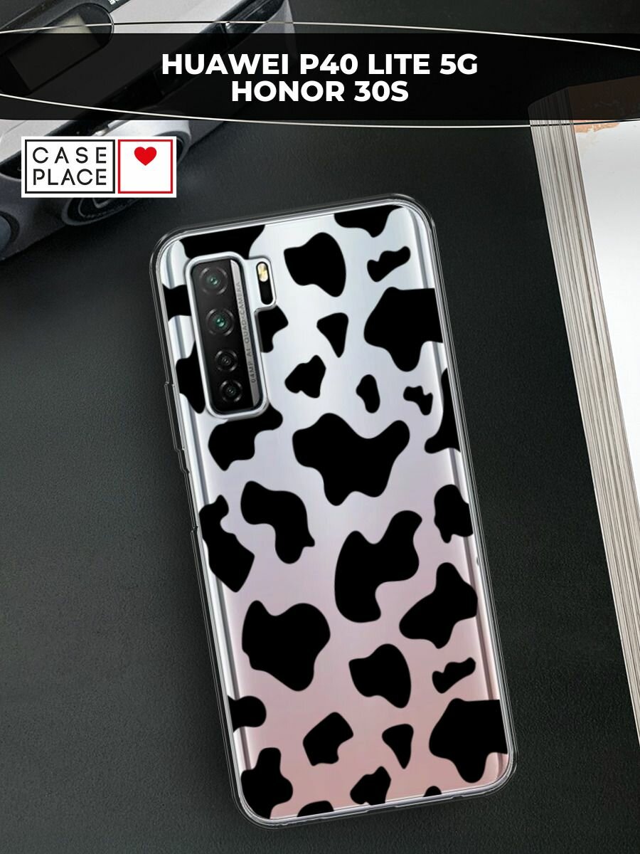 Чехол на Honor 30S Global/Huawei P40 Lite 5G/Nova 7 SE / Хонор 30S с принтом "Черные пятна коровы", прозрачный
