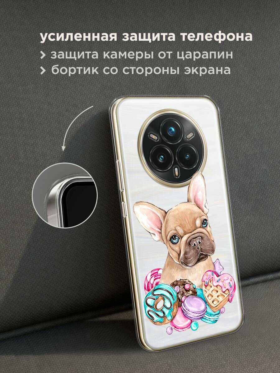 Чехол на Realme 14 Pro+ / Реалми 14 Про+ с принтом "Бульдог и сладости", прозрачный — фото 1