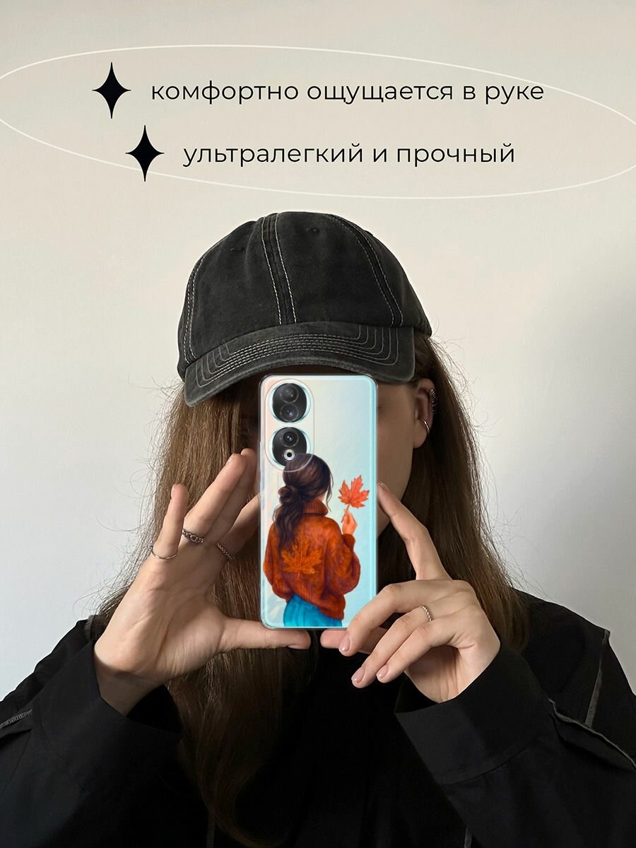 Чехол на Honor 90 / Хонор 90 с принтом "Девушка с опавшим листом", прозрачный — фото 1