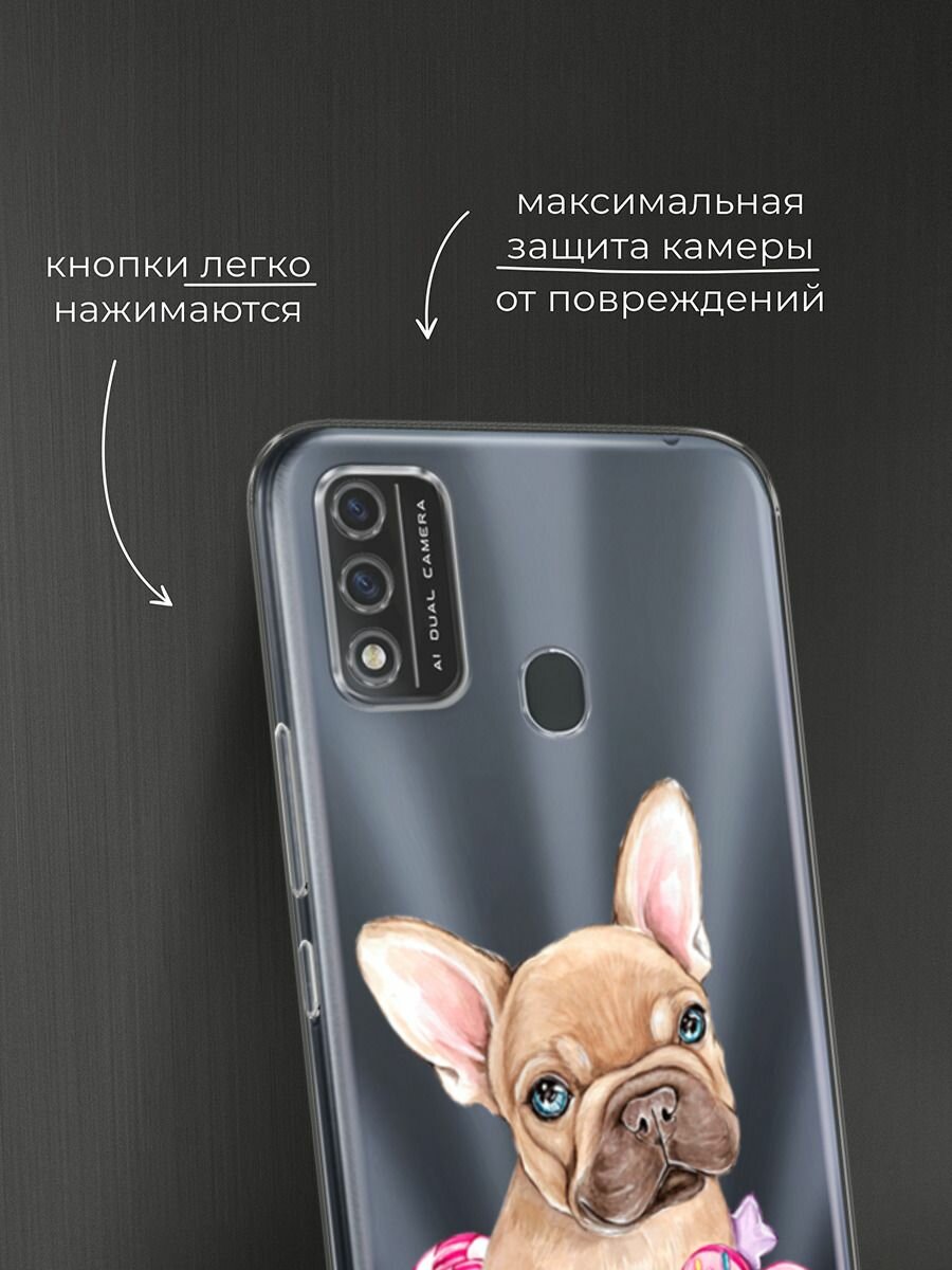 Чехол на Itel A48 / Ител А48 с принтом "Бульдог и сладости", прозрачный — фото 1