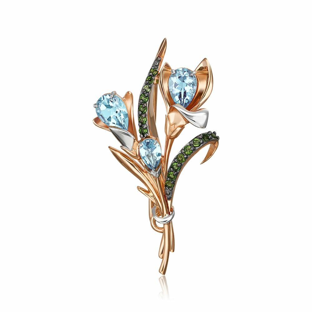 Брошь, красное золото, 585 проба, топаз, хромдиопсид