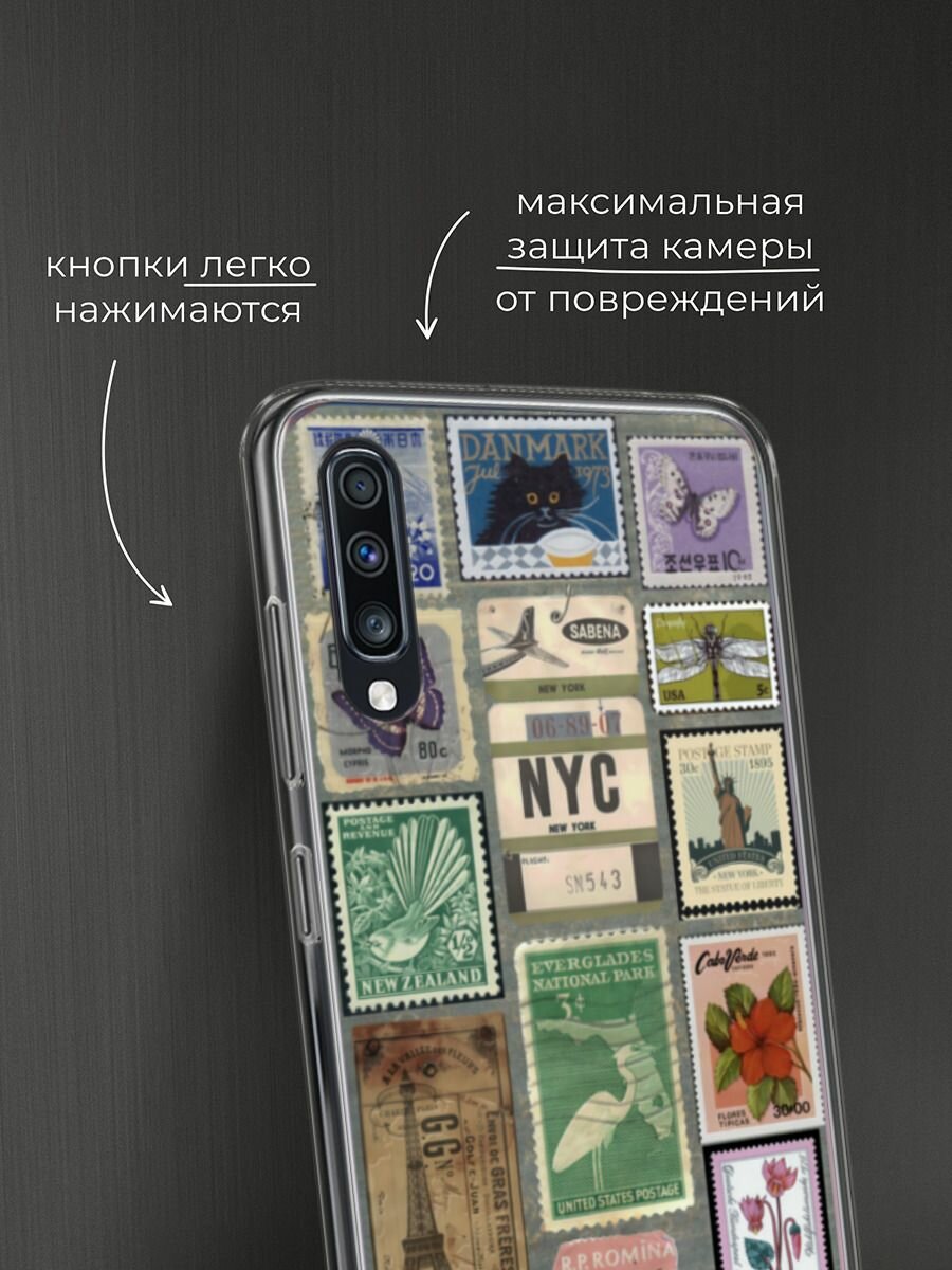 Чехол на Samsung Galaxy A70 / Самсунг Галакси А70 с принтом Коллаж из марок — фото 1