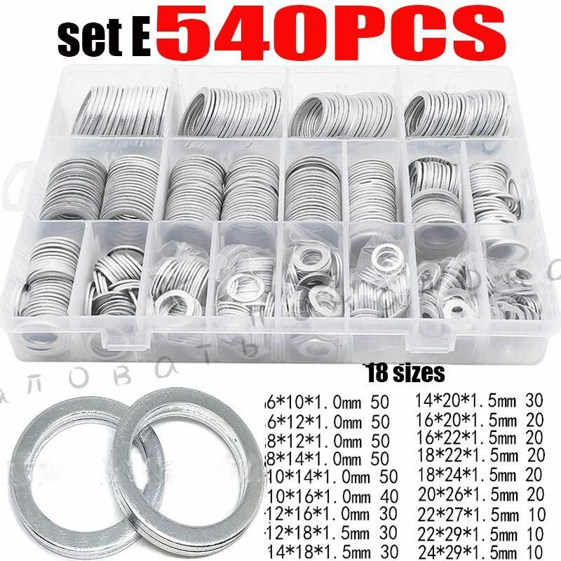 540 шт, прокладки для пробки слива масла, алюминиевая плоская шайба, комбинированный комплектM6 M8 M10 M12 M14 M16 M18 M20 M22 M24