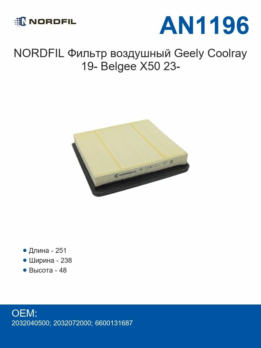 NORDFIL Фильтр воздушный Geely Coolray 19- Belgee X50 23-