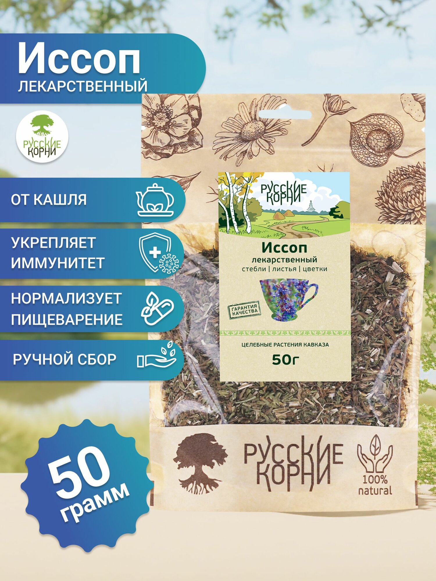 Иссоп трава 50 г - от кашля, гриппа, простуды / Русские корни