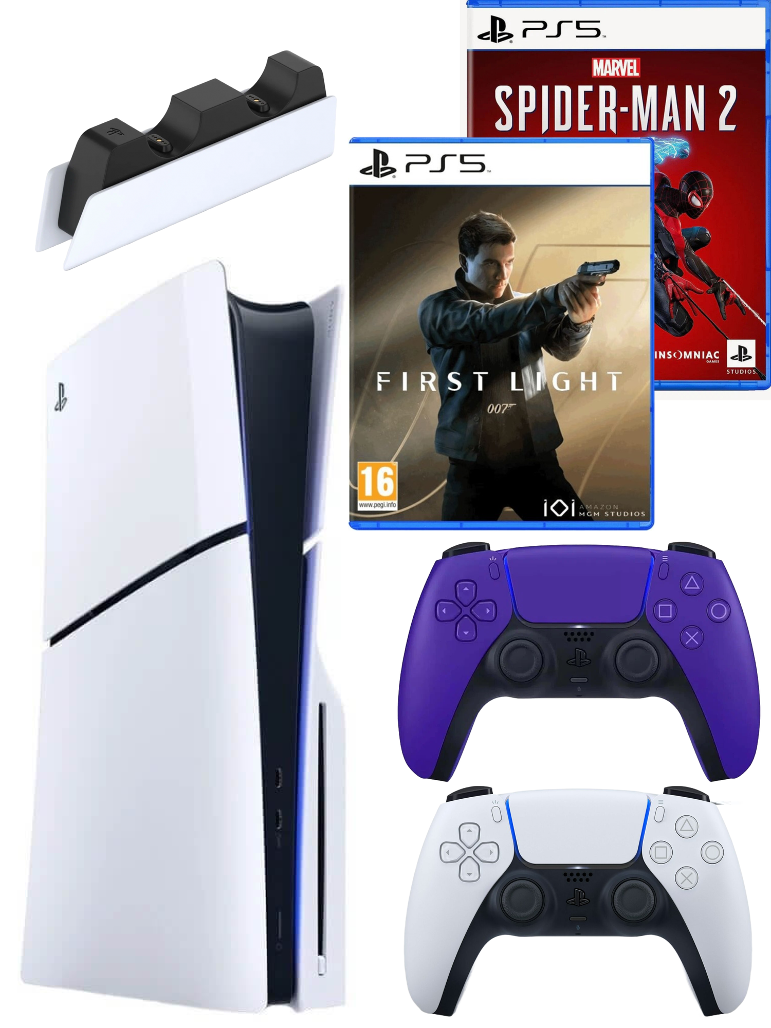 Игровая приставка Sony PS 5 Slim, 1ТБ(с дисководом)+2 геймпад+Зарядная станция+2 игры (First Light 007; Spider-Man 2)