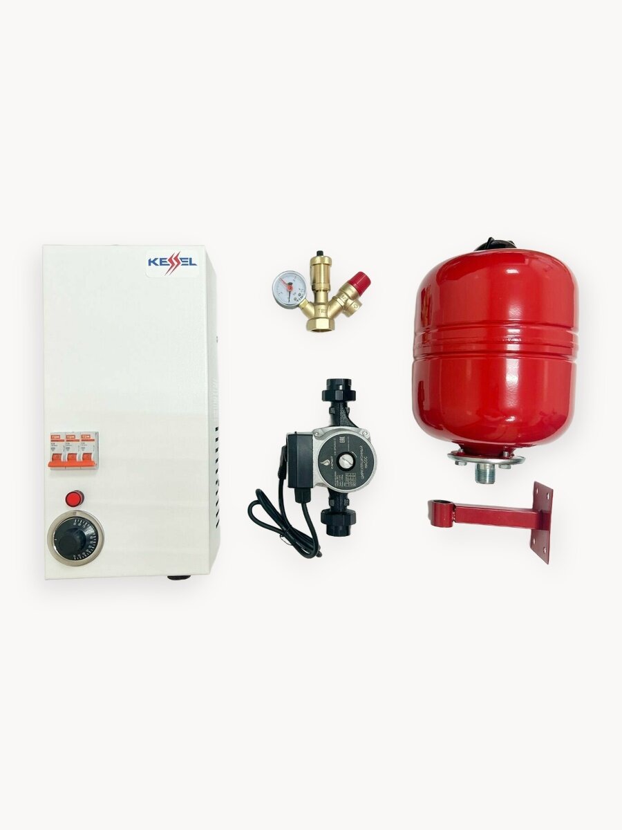 Котел электрический в сборе Kessel ЭВП 12Квт, насос циркуляционный 25-60, группа безопасности, расширительный бак с кронштейном