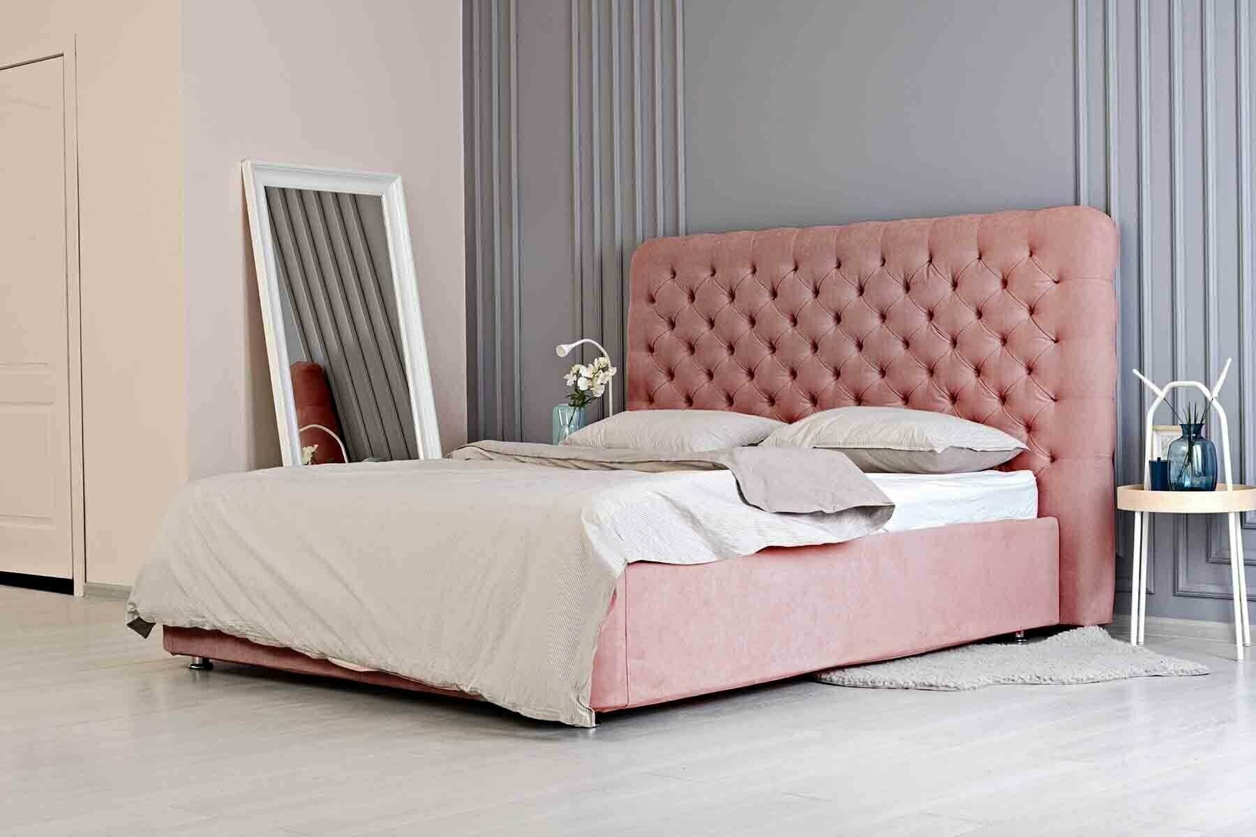 Двуспальная кровать 160х200 с подъемным механизмом, "Montana" с мягким изголовьем для дома, для спальни, ортопедическое основание, с ящиком для белья. Велюр розовый Teddy 026