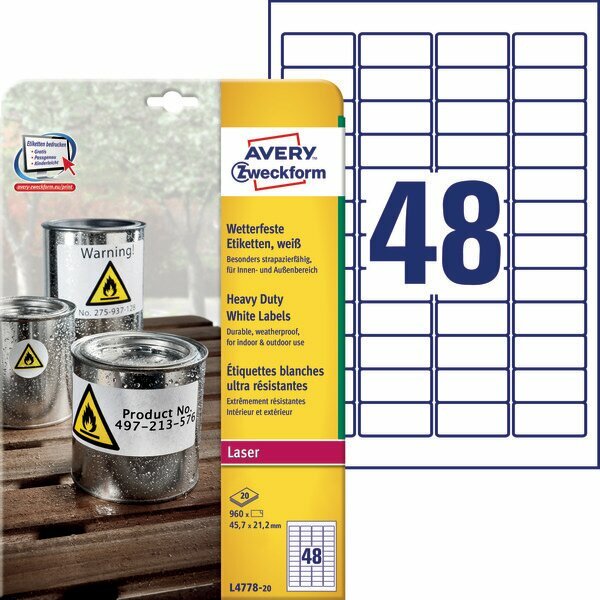 Всепогодные пленочные этикетки Avery Zweckform [L4778-20] (45.7x21.2 мм, 960 шт, 20 листов)