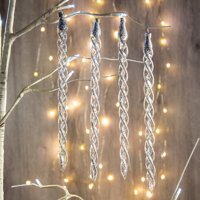 Набор елочных игрушек Сосульки Льдинка 23 см серебряные, 4 шт, стекло, подвеска, Фабрика Елочка, С1087-сер