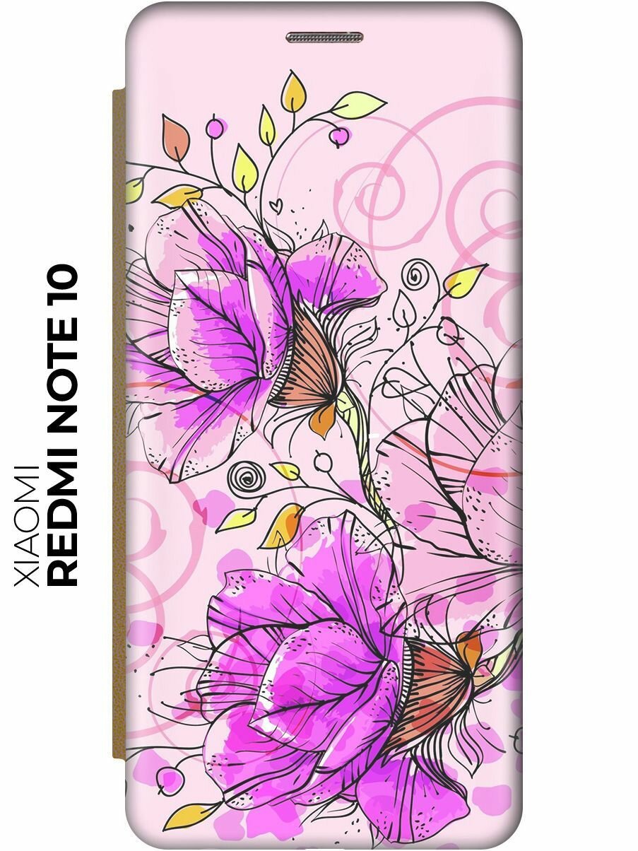 Чехол-книжка Розовые цвета на Xiaomi Redmi Note 10 / Note 10S / Poco M5s / Сяоми Редми Ноут 10 / Ноут 10С / Поко М5с золотой
