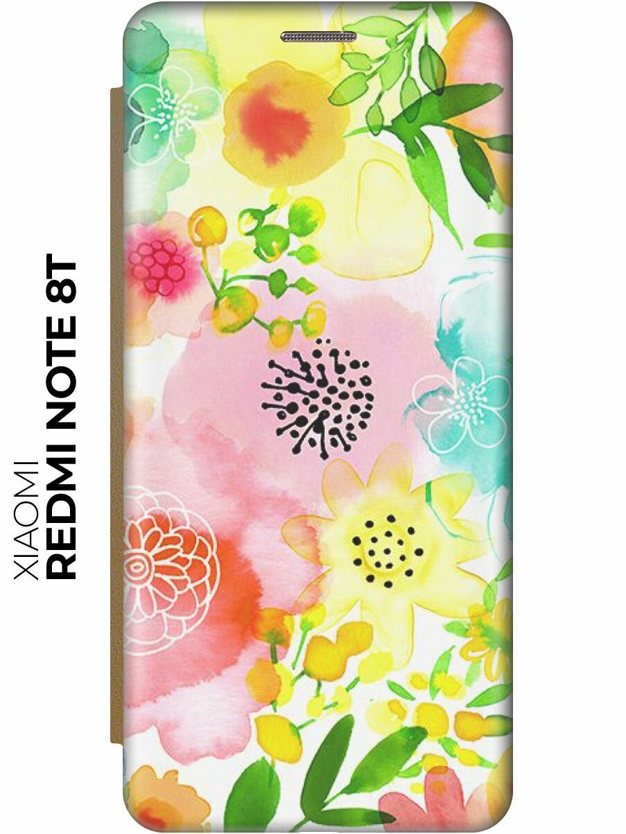 Чехол-книжка Разноцветные цветочки на Xiaomi Redmi Note 8T / Сяоми Редми Ноут 8Т золотой