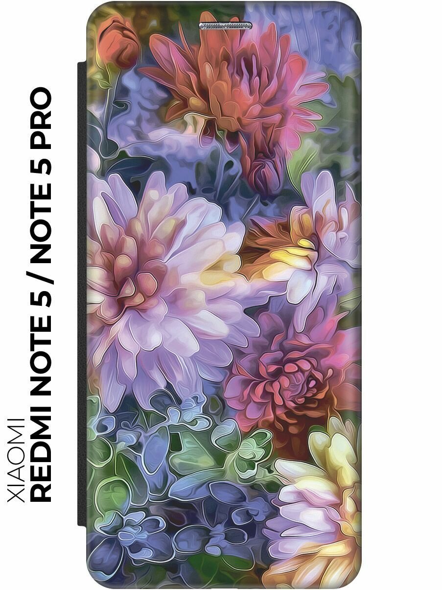 Чехол-книжка Цветные хризантемы на Xiaomi Redmi Note 5 / Note 5 Pro / Сяоми Редми Ноут 5 / Ноут 5 Про черный