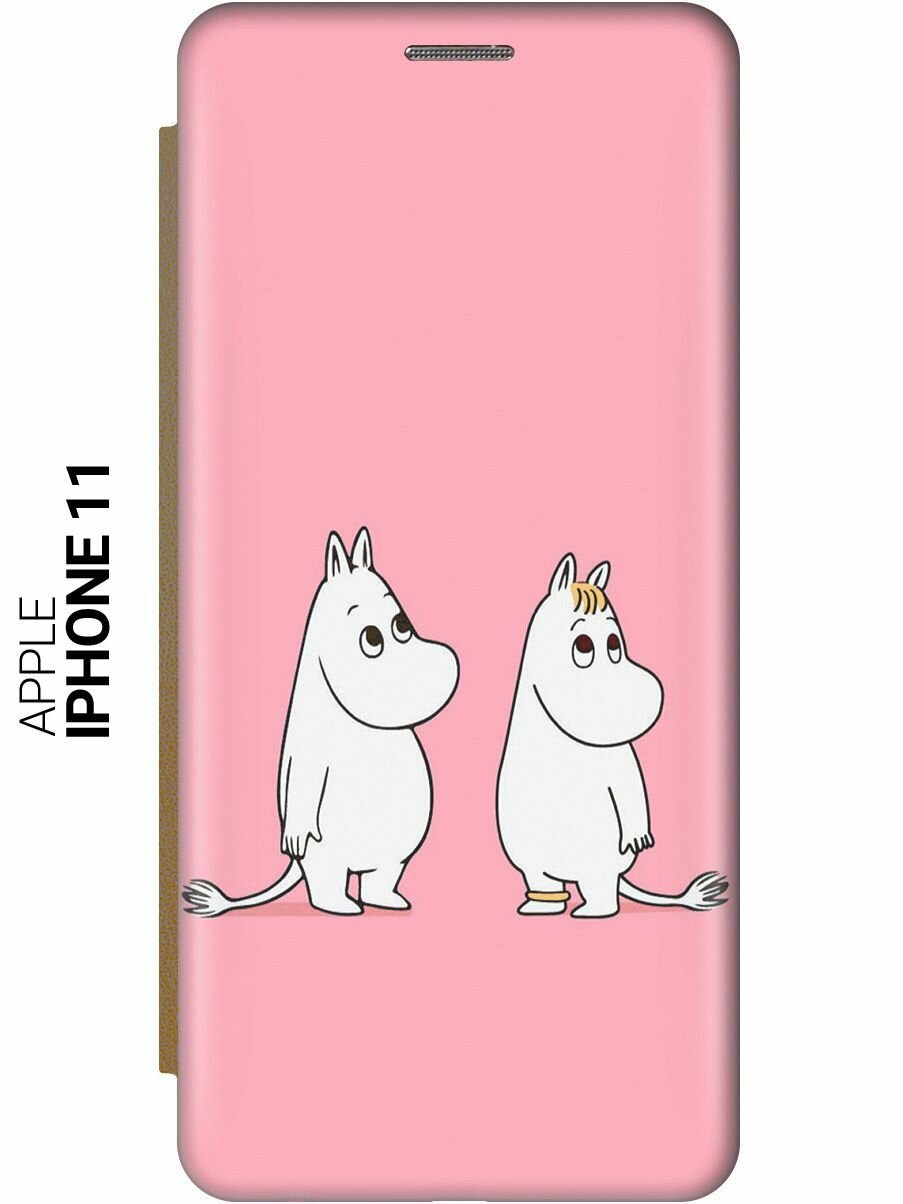 Чехол-книжка на Apple iPhone 11 / Эпл Айфон 11 с рисунком "Муми-тролли на розовом" золотистый