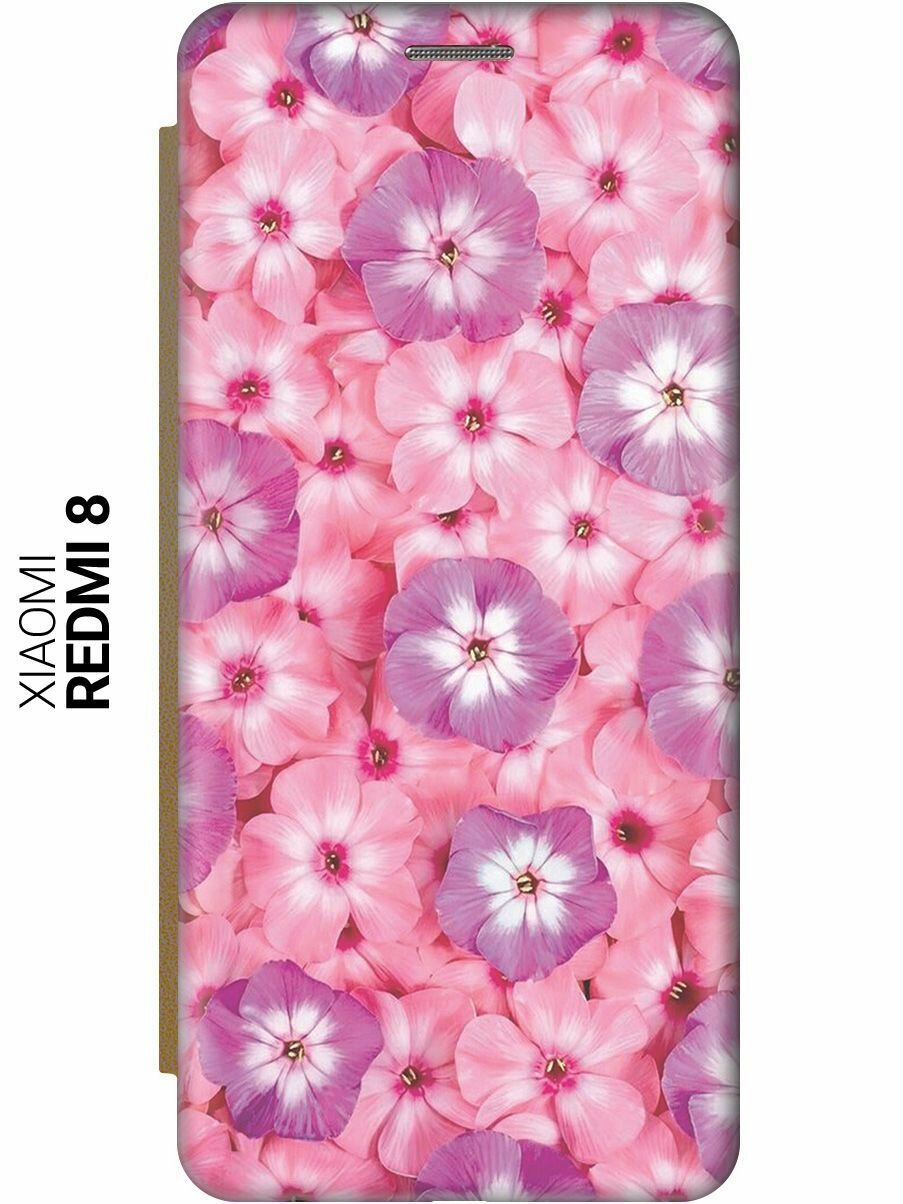 Чехол-книжка на Xiaomi Redmi 8, Сяоми Редми 8 c принтом "Розовые и фиолетовые филаки" золотистый