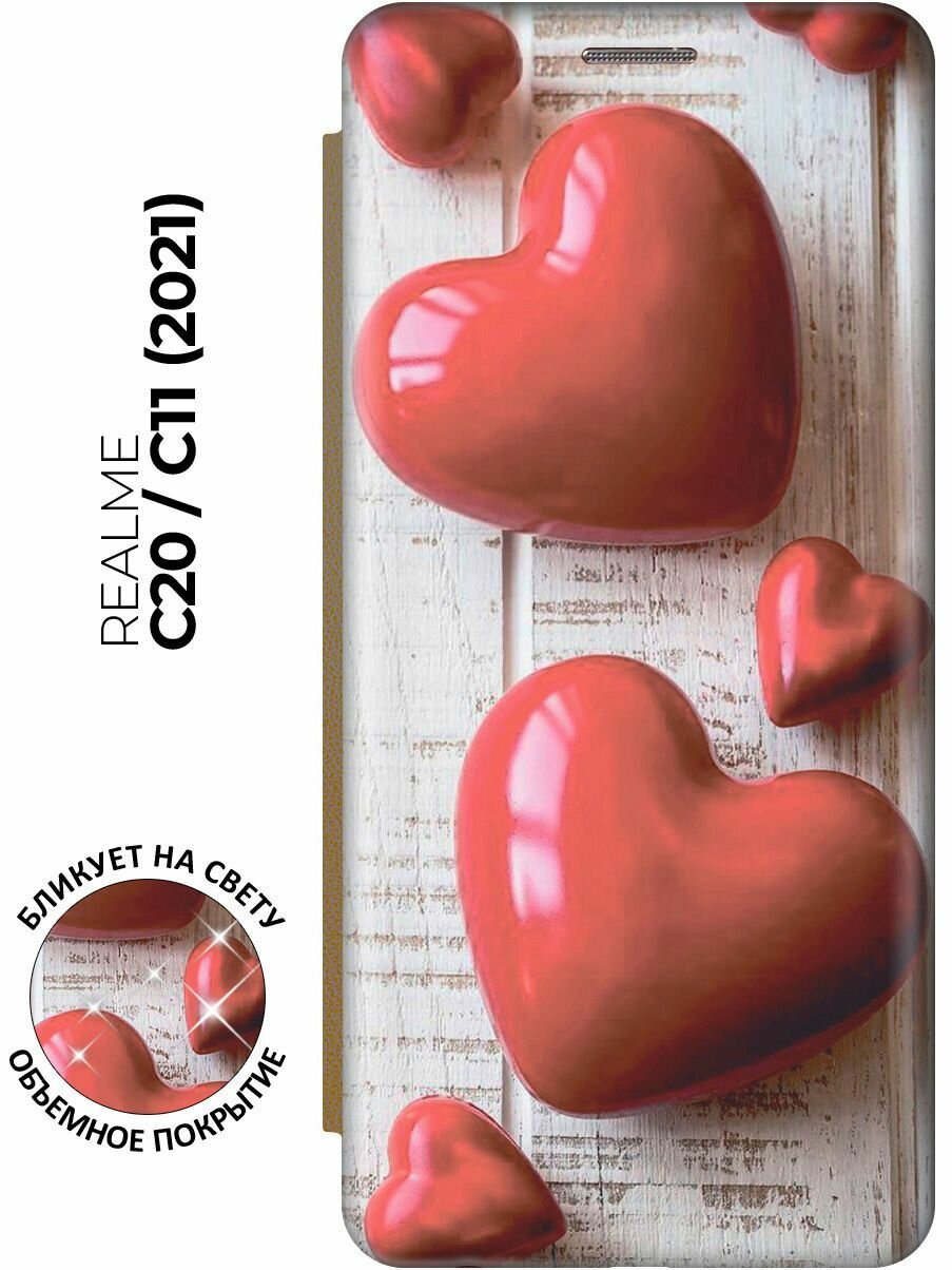 Чехол-книжка Сердечки на белом столе на realme C20 / C11 (2021) / Рилми С20 / С11 (2021) с эффектом блика золотой