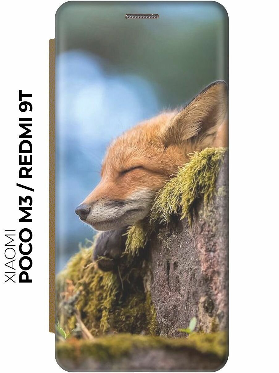 Чехол-книжка Умиротворенная лиса на Xiaomi Redmi 9T / Poco M3 / Сяоми Поко М3 / Сяоми Редми 9Т золотой