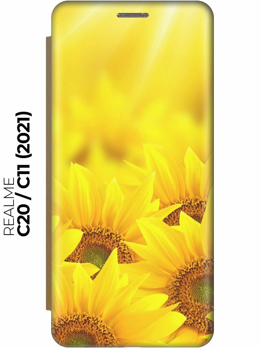 Чехол-книжка Подсолнухи на realme C20 / C11 (2021) / Рилми С20 / С11 (2021) золотой