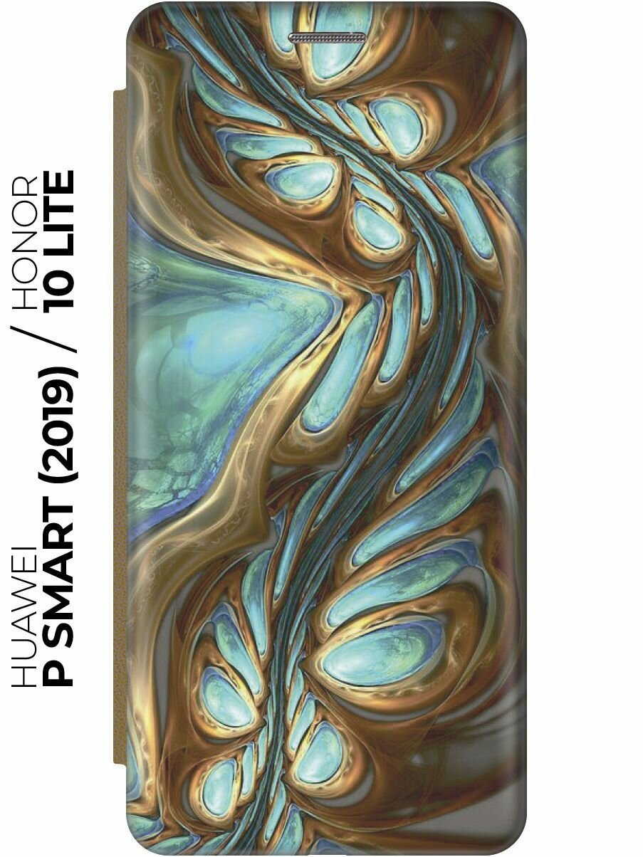 Чехол-книжка Голубо-золотая абстракция на Honor 10 Lite / Huawei P Smart (2019) / Хуавей П Смарт (2019) / Хонор 10 Лайт золотой