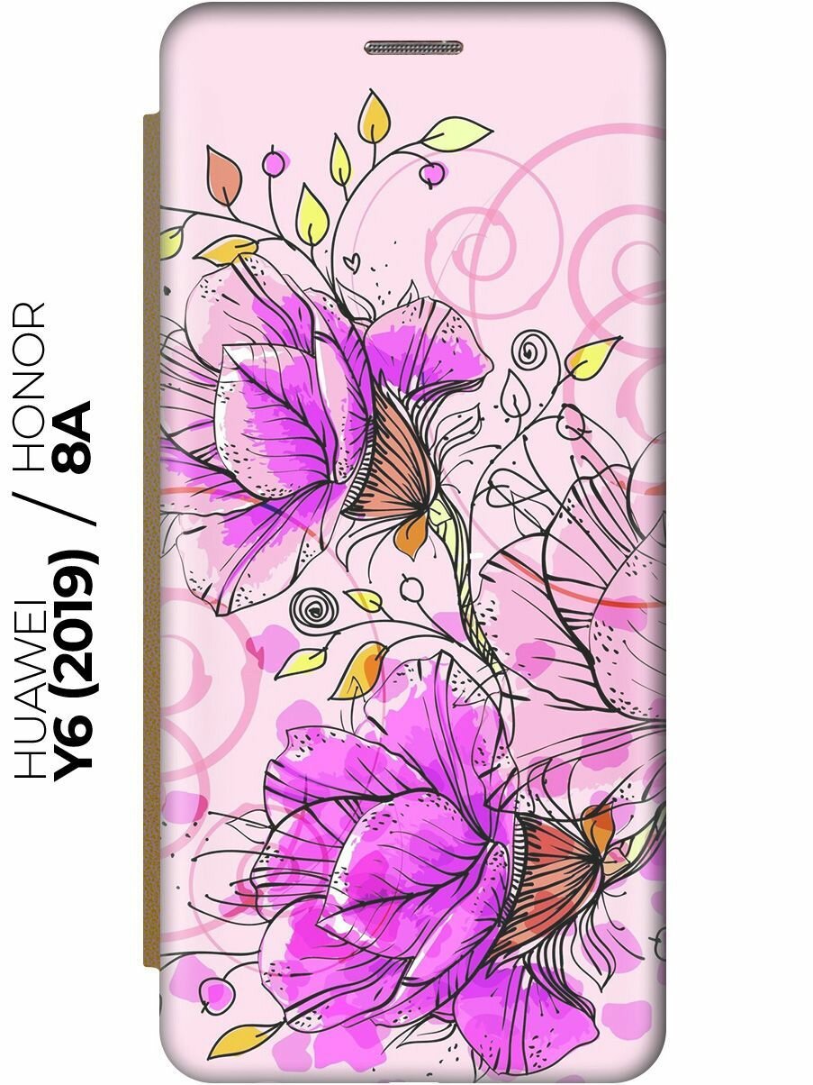 Чехол-книжка Розовые цвета на Honor 8A / 8A Pro / Huawei Y6 (2019) / Y6 Prime (2019) / Хонор 8а / 8а Про / Хуавей У6 2019 / У6 Прайм 2019 золотой