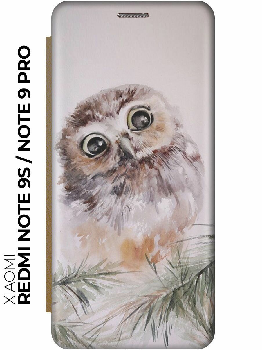 Чехол-книжка Совенок на Xiaomi Redmi Note 9s / Note 9 Pro / Сяоми Редми Ноут 9с / Ноут 9 Про золотой