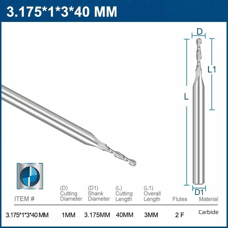 Фреза двухзаходная сферическая XCAN 3,175х1х3х40 мм