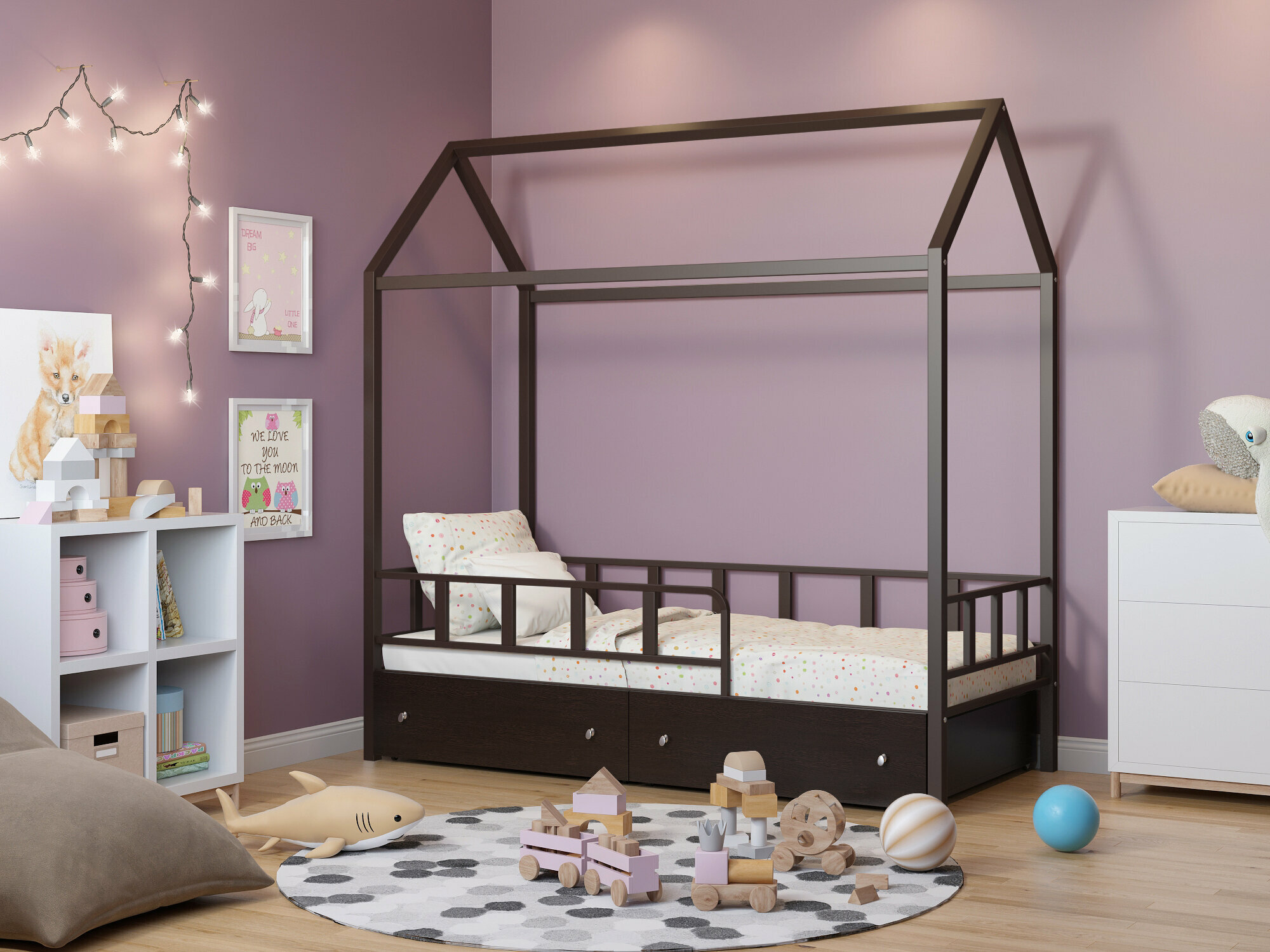 Кровать-домик Риччи Коричневый с выкатными ящиками венге 90х190