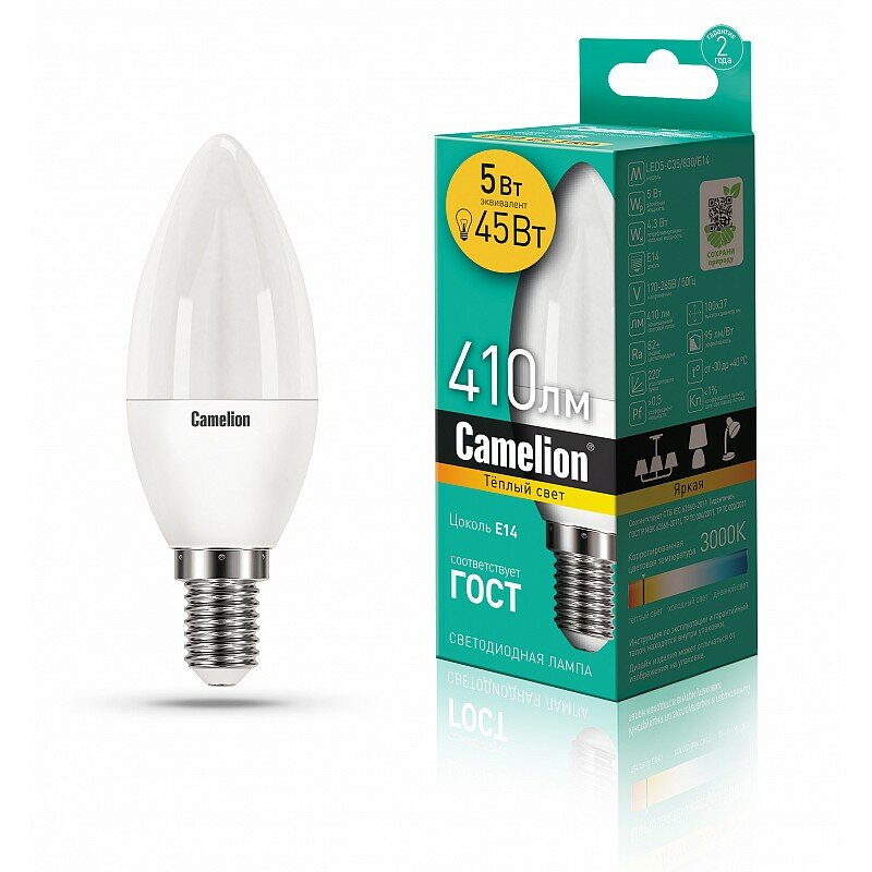 Camelion LED5-C35/830/E14 (Эл. лампа светодиодная 5Вт 220В), цена за 1 шт.