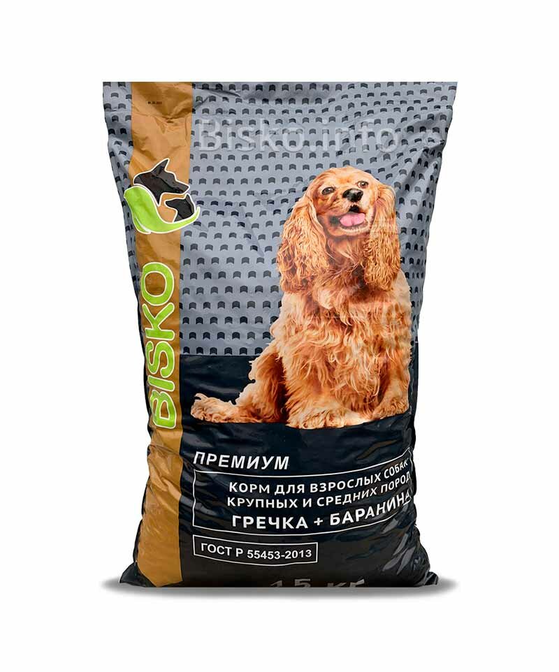 Сухой корм Биско Bisko для собак крупных и средних пород с гречкой и бараниной Премиум 15 кг