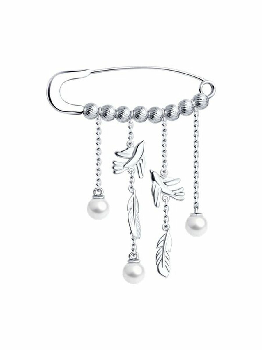 Брошь, серебро, 925 проба, родирование, жемчуг имитация