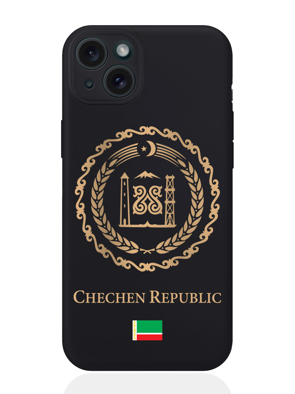 Чехол для смартфона iPhone 15 Plus черный силиконовый Золотой Герб Чечни