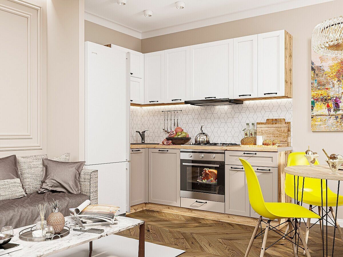 Кухонный гарнитур VIVAT барселона, ЛДСП, МДФ, стекло, Белый, Кашемир 214х213х170 см