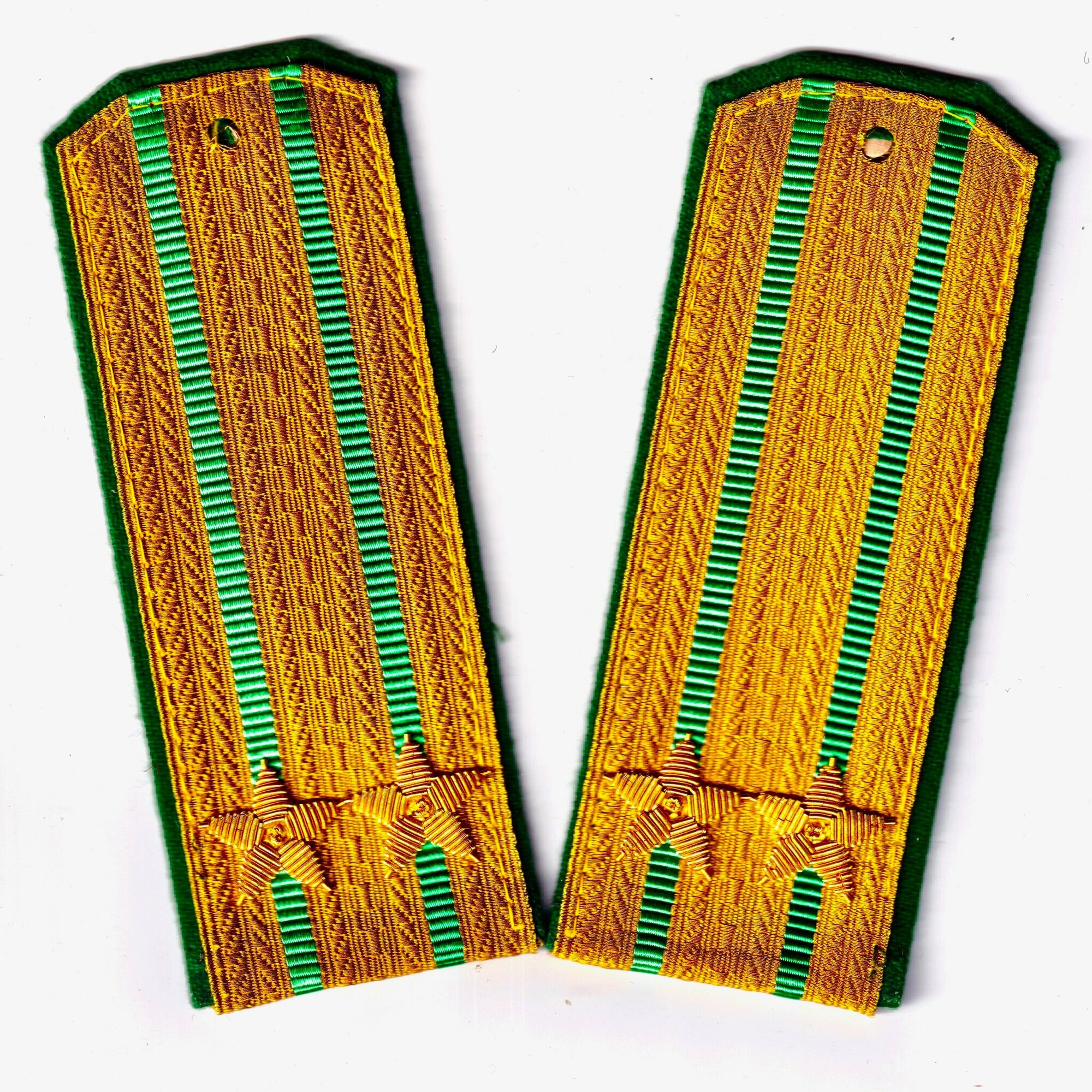Погоны Парадные (Трапеция) Золотой Галун С Зеленым Кантом Подполковник (Нашивные) Ручная Вышивка Канитель (Золотистый / Пришивной)
