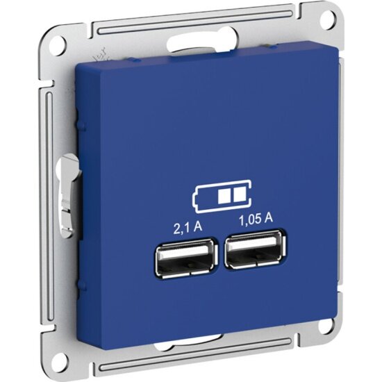 Розетка Systeme Electric (schneider Electric) AtlasDesign USB A+A, 5В/2,1 А, 2х5В/1,05 А, механизм, Аквамарин, ATN001133