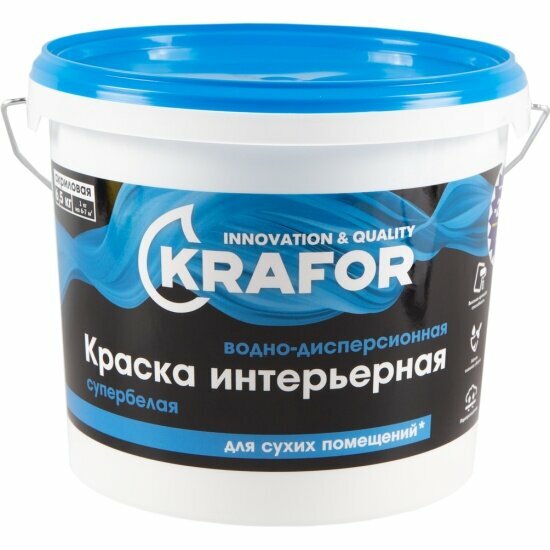 Краска водно-дисперсионная интерьерная Krafor , матовая, 6,5 кг, супербелая