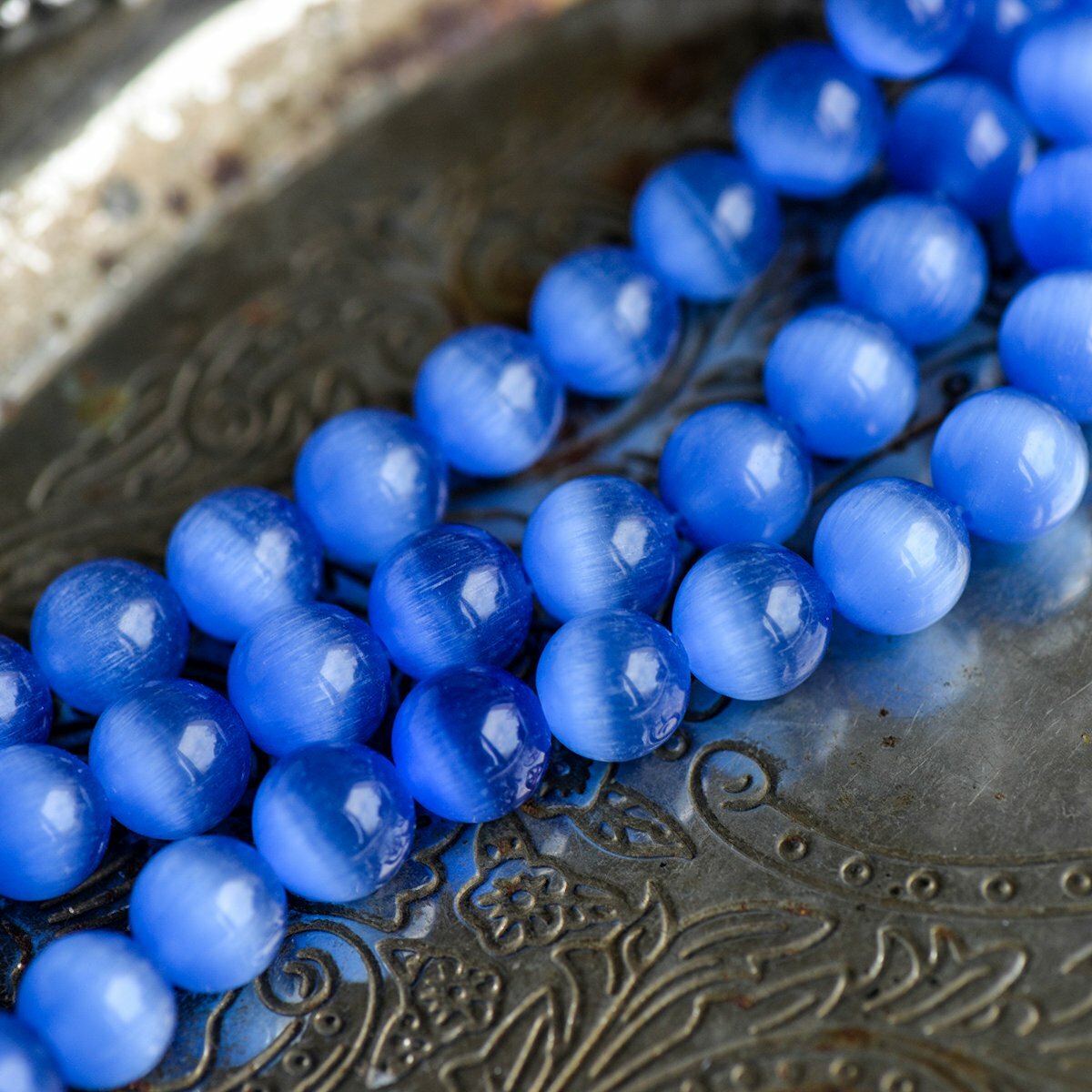 Бусины стеклянные кошачий глаз 15 шт, размер 10 мм, цвет синий электрик