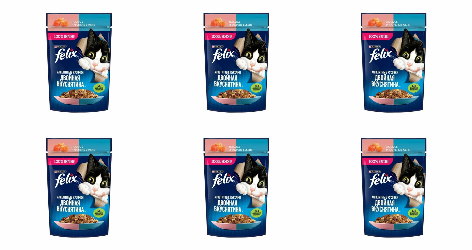 Felix влажный корм для кошек аппетитные кусочки в желе двойная вкуснятина с лососем и форелью, 75 г, 6 шт